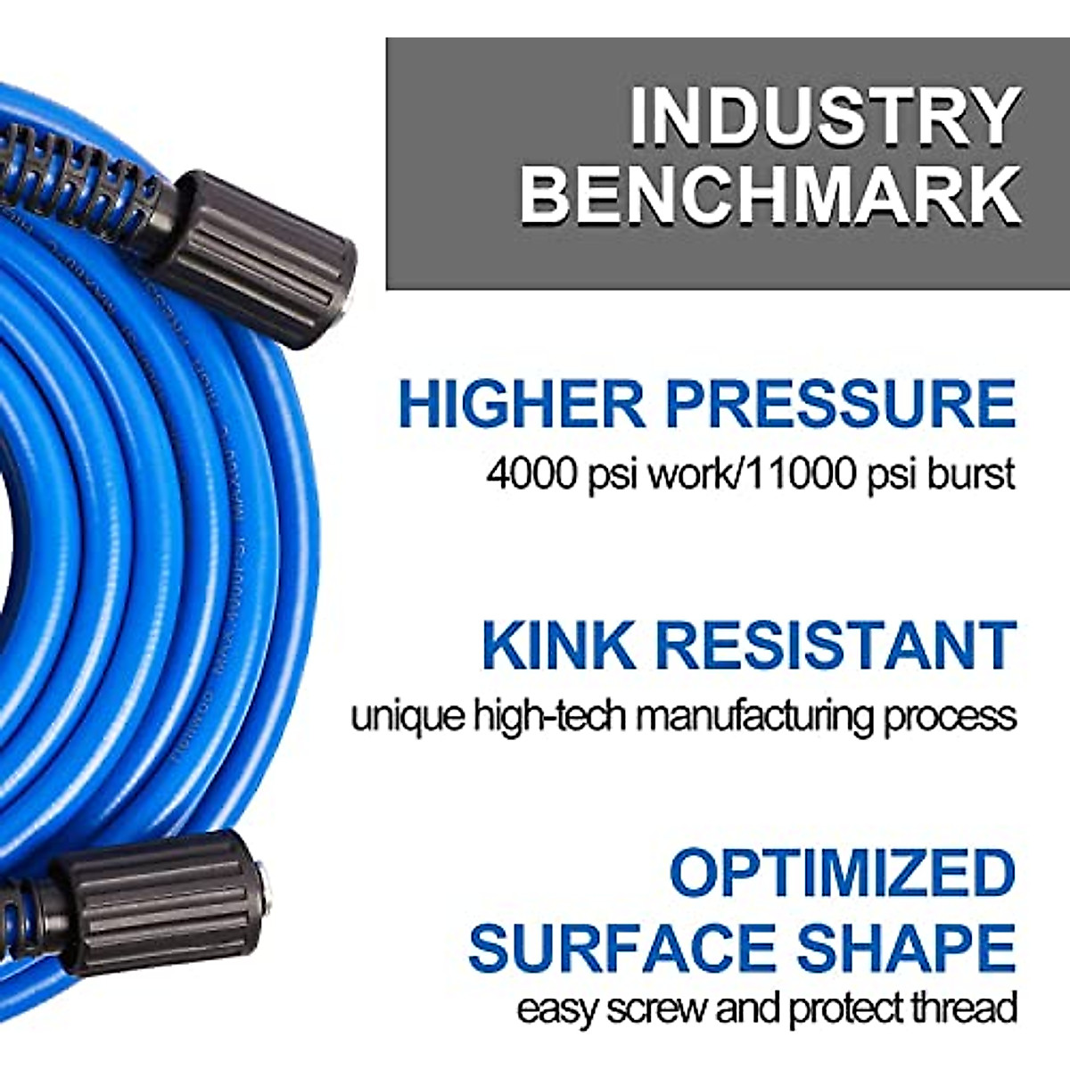 Heliwoo Pressure Washer Hose 50 FT x 1/4", Upgrade Kink Resistant Pro-Flexible Electric Power Washing Hose, 4000 PSI Replacement Extension Hose with Swivel Thread x 3/8" Quick Connect 5 Set