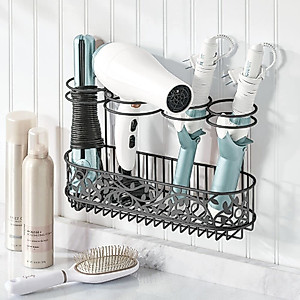 mDesign Steel Wall Mount Hair Dryer Holder, Styling Tool Storage Organizer Basket for Bathroom - Holds Hair Dryer, Flat Iron, Curling Wand, Hair Straighteners, Brushes - Arbor Collection - Matte Black