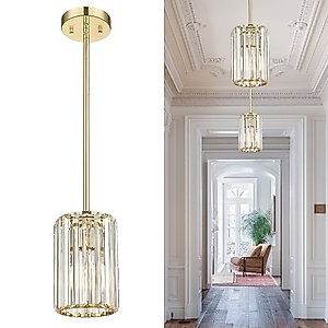 Cargifak Crystal Pendant Light, Mini Chandelier with Gold Finish, Modern Hanging Light Fixture for Kitchen Dinning Room Bedroom, CKPL5510-1P-CG-B