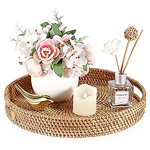 Hipiwe Rattan Serving Tray with Handles Handmade Woven Basket Tray Home Decorative Organizer Tray, Breakfast, Tea, Snack, Fruit, Coffee Storage Tray, Set of 2 (Round)