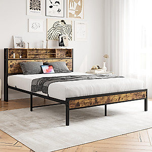 MegaChunk Queen Bed Frame with Storage Headboard, Metal Platform Bed with Charging Station, Bookcase Storage, No Box Spring Needed, Easy Assembly, Noise-Free, Black