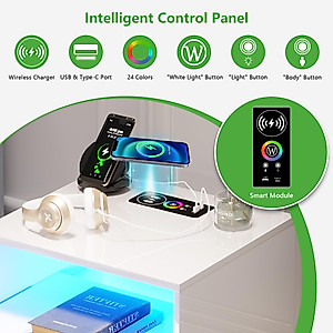 HNEBC RGB LED Nightstand with Wireless Charging Station, Smart Night Stand with 3 Drawers and Sliding Tray, Modern Bedside Table for Bedroom Furniture, High Gloss End Sofa Tables (White)