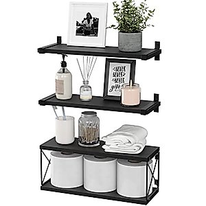 WOPITUES Floating Shelves Wall Mounted, Wood Bathroom Shelves with Extra Storage Shelf, Rustic Wall Shelves for Bathroom, Bedroom, Kitchen, Living Room, Plants - Black