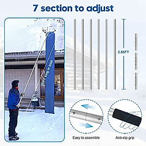 Snow Roof Rake 20FT, Roof Rake Snow Removal with 7 Section Pole, Snow Rake Aluminum Frame Head Nylon Slide Roof Rakes for Snow 3-inch Wheels, Suitable for House & Vehicle, Garage, Durable & Light