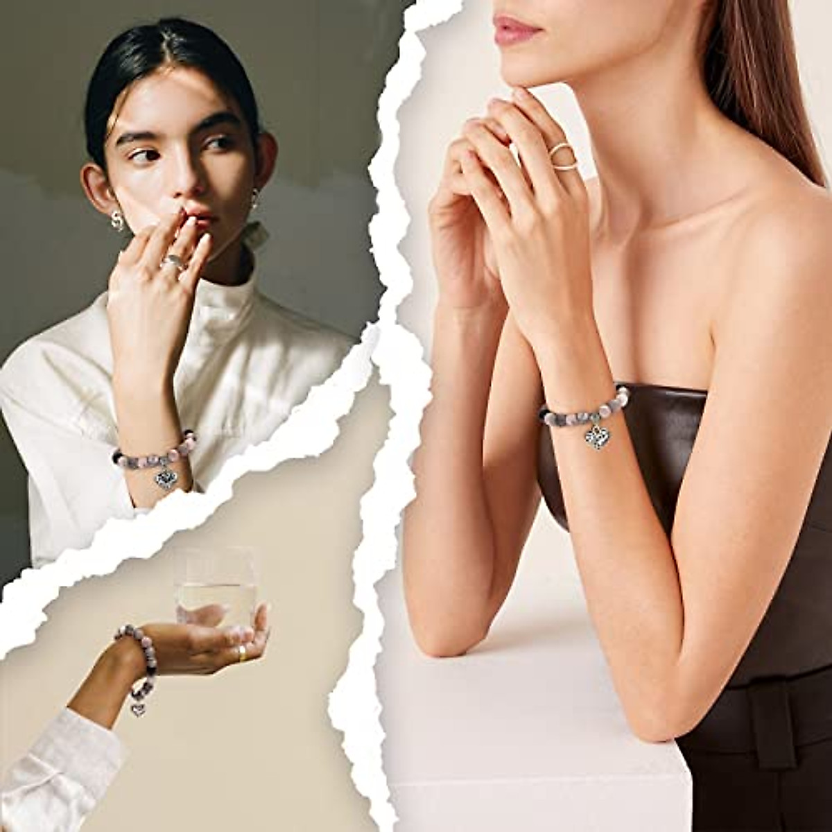 Emibele Healing Bracelets for Women, Beaded Bracelet Handmade Crystal Yoga Chakra Bracelet Stretch Rose Quartz Zebra Stone Good Luck Healthy Lava Rock Bracelet for Essential Oils Anxiety Stress Relief