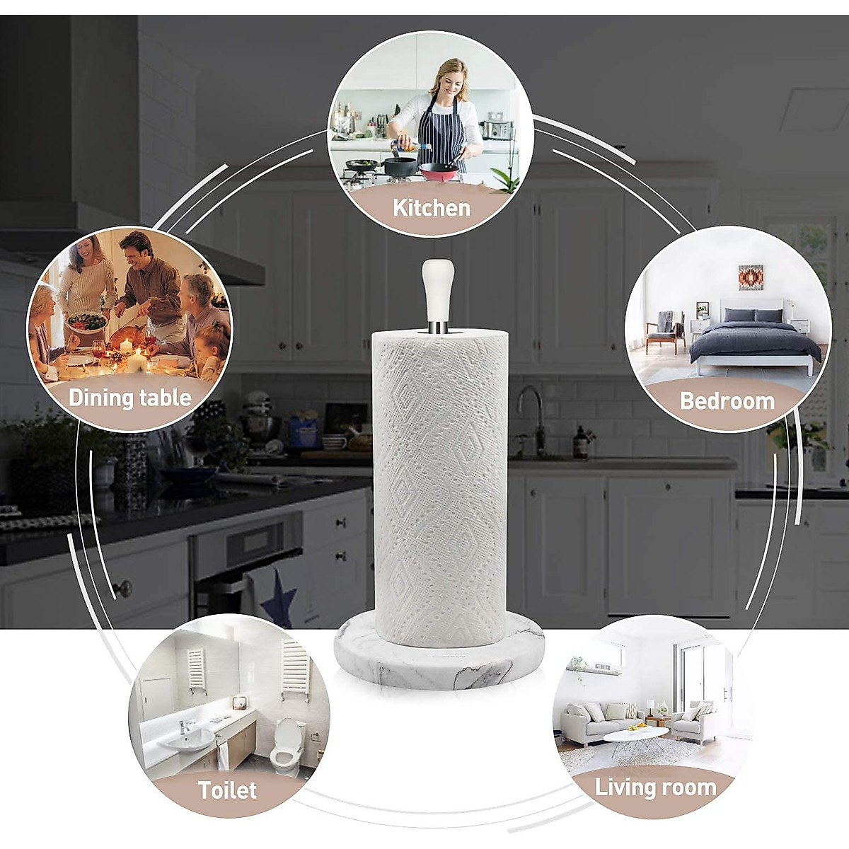 Kitchen Paper Towel Holder Countertop: Paper Towel Holder - Marble Modern Design, Double Fastening Paper Towel Dispenser with Weighted Anti-Skid Base and Elegant Handle