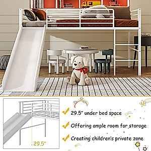 Giantex Twin Loft Bed with Slide, Metal Low Bunk Bed w/Safety Guardrails & Built-in Ladder, Toddler Bed Floor Frame for Boys & Girls, No Box Spring Needed (White)