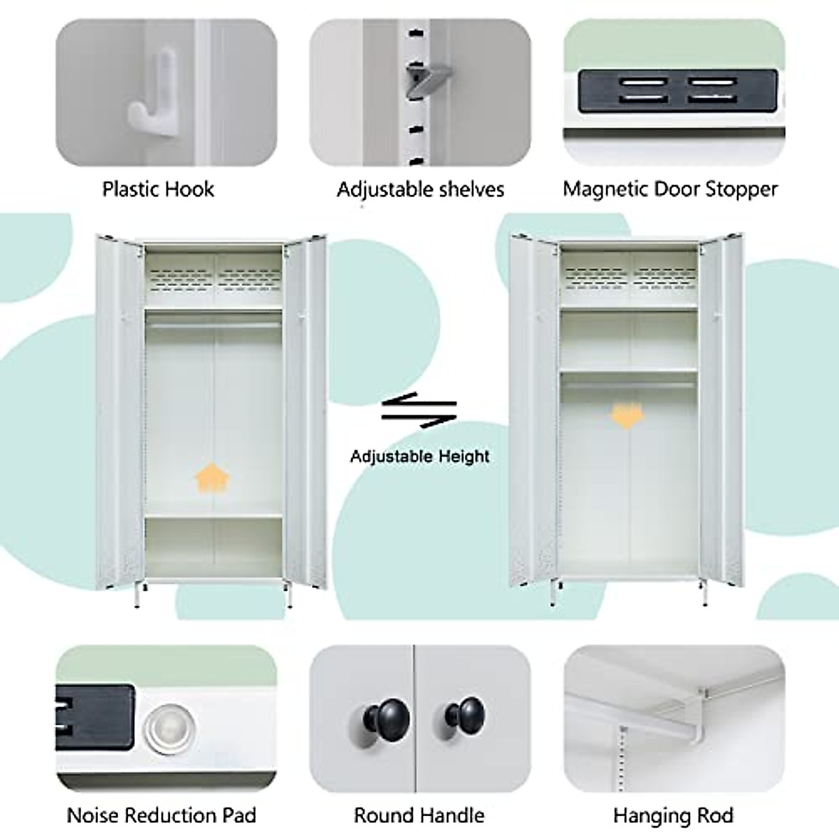 YEEZER Metal Wardrobe, Storage Cabinet with Hanging Rod，Armoire with Magnetic Door and 2 Freely Adjustable Shelves 74" H x 31.5" W x 20" D (White)