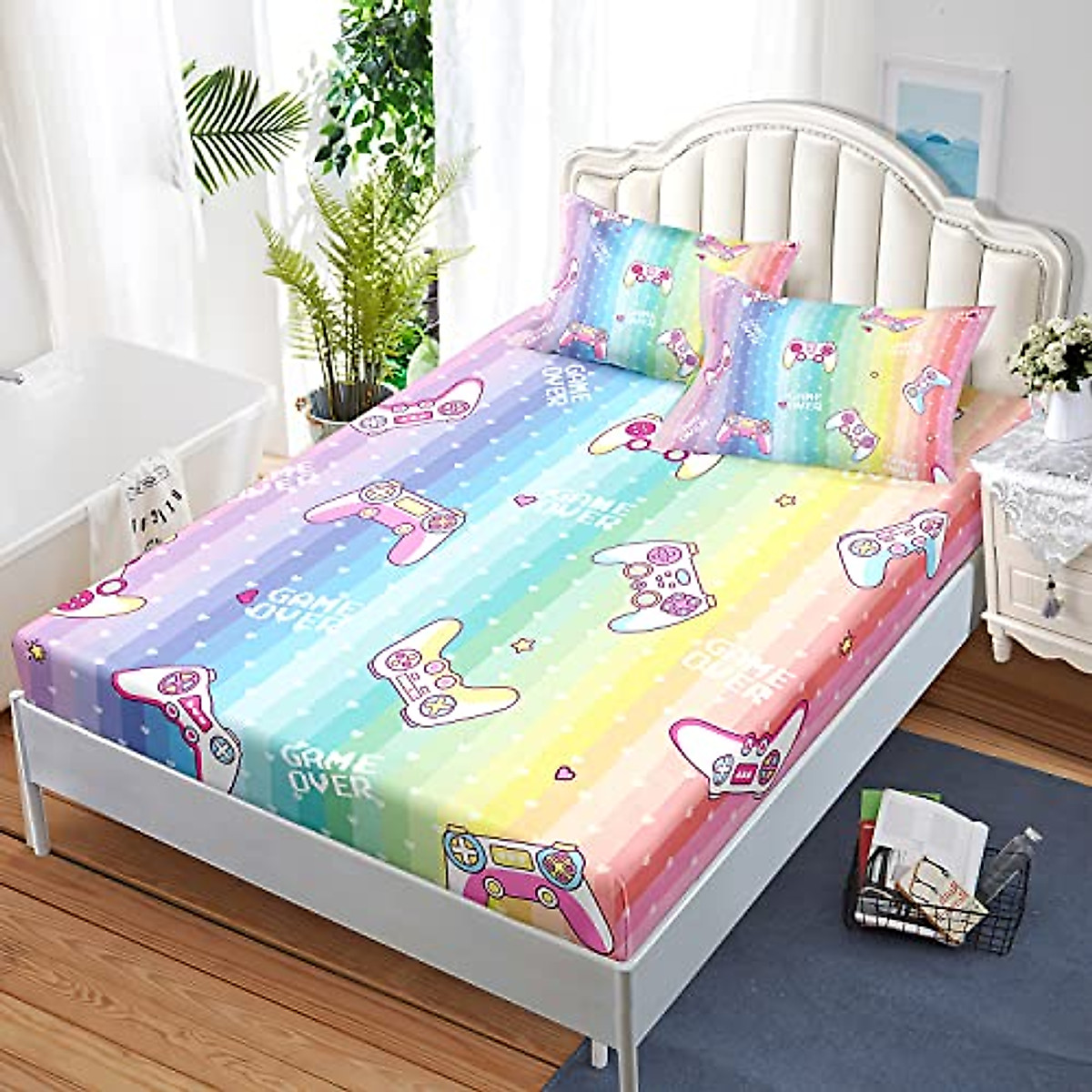 CVHouse Rainbow Gamepad Bed Sheets Sets Full Size,Rainbow Gamepad Bedding Sets for Girls Kids Teens,Rainbow Gamepad Fitted Sheet Sets,1 Flat Sheet & 1 Fitted Sheet with 2 Pillow Cases - 4 Pieces