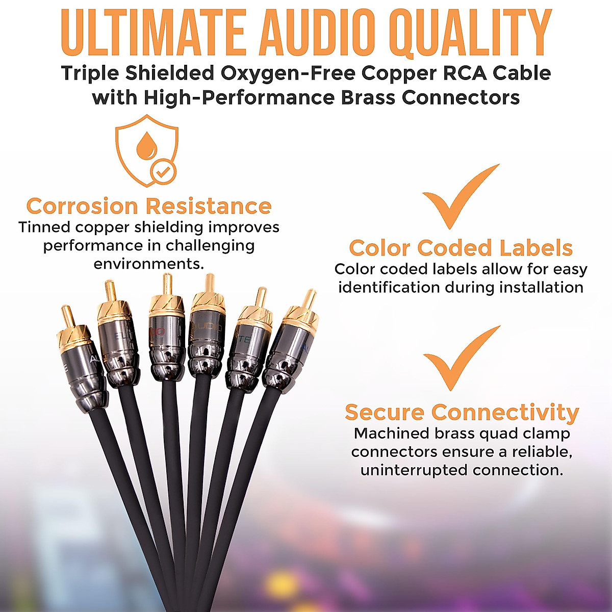 Elite Audio Pro Series 15ft. 6-Channel Car Audio RCA Cable - Triple Shielded, Brass Connectors, Oxygen Free Copper Noise Reducing Audio Cable for Amplifiers Subwoofers Speakers and Processors – PRO615