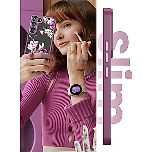 Dretal for Samsung Galaxy S22 5G Case Floral, Military Grade Drop Tested Hard Back & Soft Edge Slim Flower Women Girls Phone Protective Cover + Tempered Glass Screen Protector for Galaxy S22 (Purple)