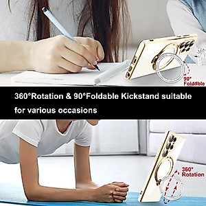 Dinick for Samsung Galaxy S22 Ultra Case with Magnetic Ring Holder [Compatible with Magsafe] [Built-in Camera Lens Protector] Glitter Electroplated Gold Sides Case for Galaxy S22 Ultra White