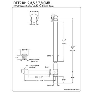 Kingston Brass DTT2188 Tip-Toe Bath Tub Drain and Overflow, Brushed Nickel 26.81 x 12 x 3.19
