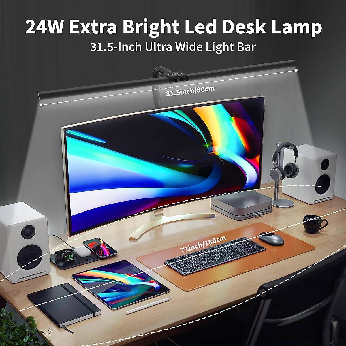 Mosthink LED Desk Lamp for Home Office, Double Head Eye Caring Architect Monitor Light, 31.5" Desk Light with Clamp and Flexible Gooseneck, 24W Study Drafting Table Lamp,100 Colors Modes