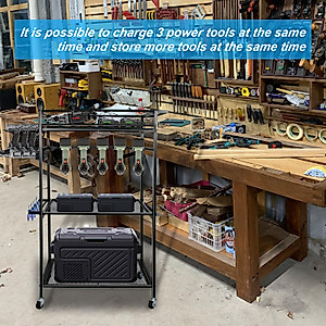 AQNIEGEP Power Tool Organizer Cart with 3 Charging Station, Garage Rolling Tool Storage Cart, Mobile Tool Cart with Wheels, Garage Workshop Gift Ideas for Dad Men Black