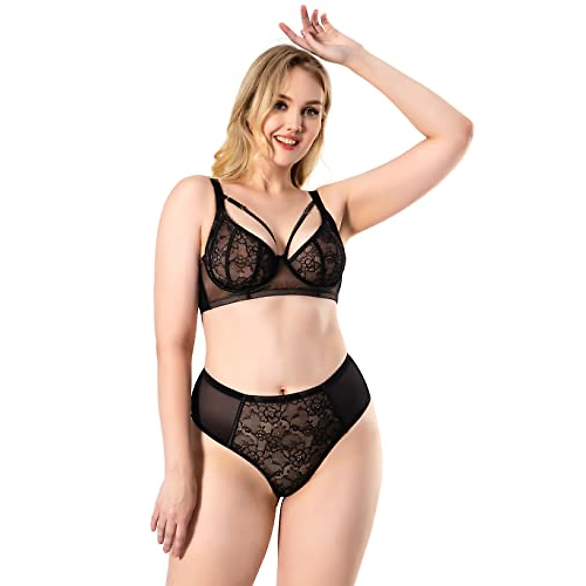 ANGABRIEL Women's Plus Size Underwire Bra Non-Padded Sheer 3/4 Cup Bra Strappy Lace Bra for Big Busted Women (k, 40, Big, Black)