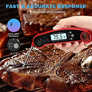 Digital Meat Thermometer with Probe, Instant Read Food Thermometer for Grilling BBQ, Kitchen Cooking, Baking, Liquids, Candy & Air Fryer - IP67 Waterproof, Backlight & Calibration - Red/Black