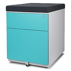 Aurora Mobile File Cabinet 2-Drawer Metal with Comfort Seat Cushion, Lock Key Sliding Drawer, Fully Assembled, Ready to Use, White/Aqua Blue