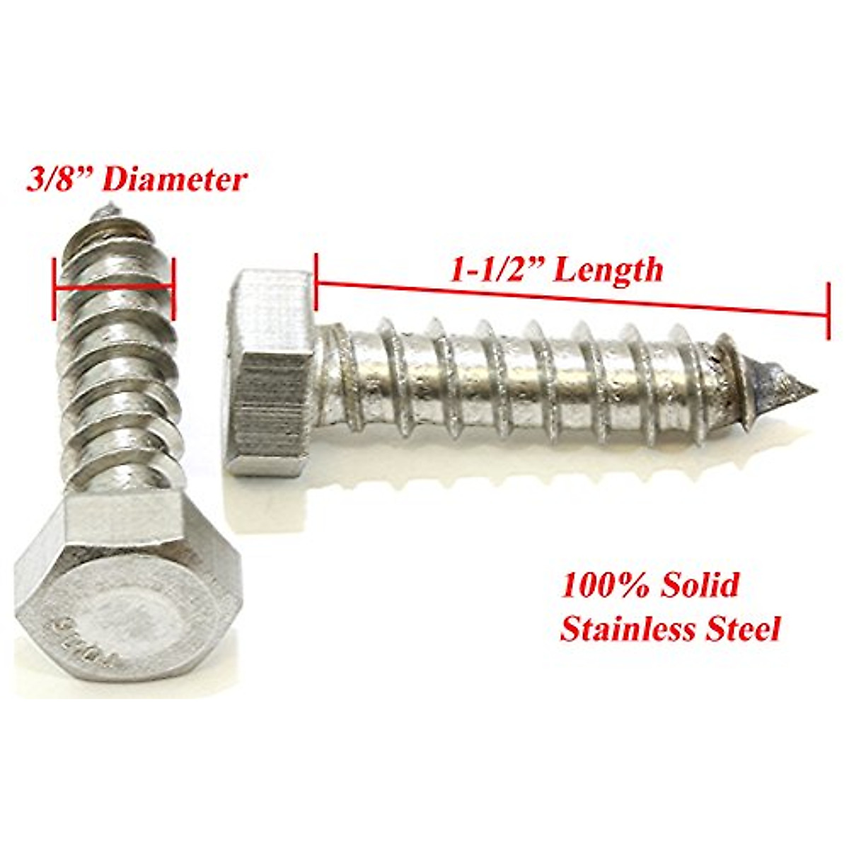 Bolt Dropper 3/8" x 1-1/2" Stainless Hex Head Lag Bolt Screws, (25 Pack), 304 (18-8) Stainless Steel Coach Bolts/Large Screws for Wood with Plain Finish by Bolt Dropper