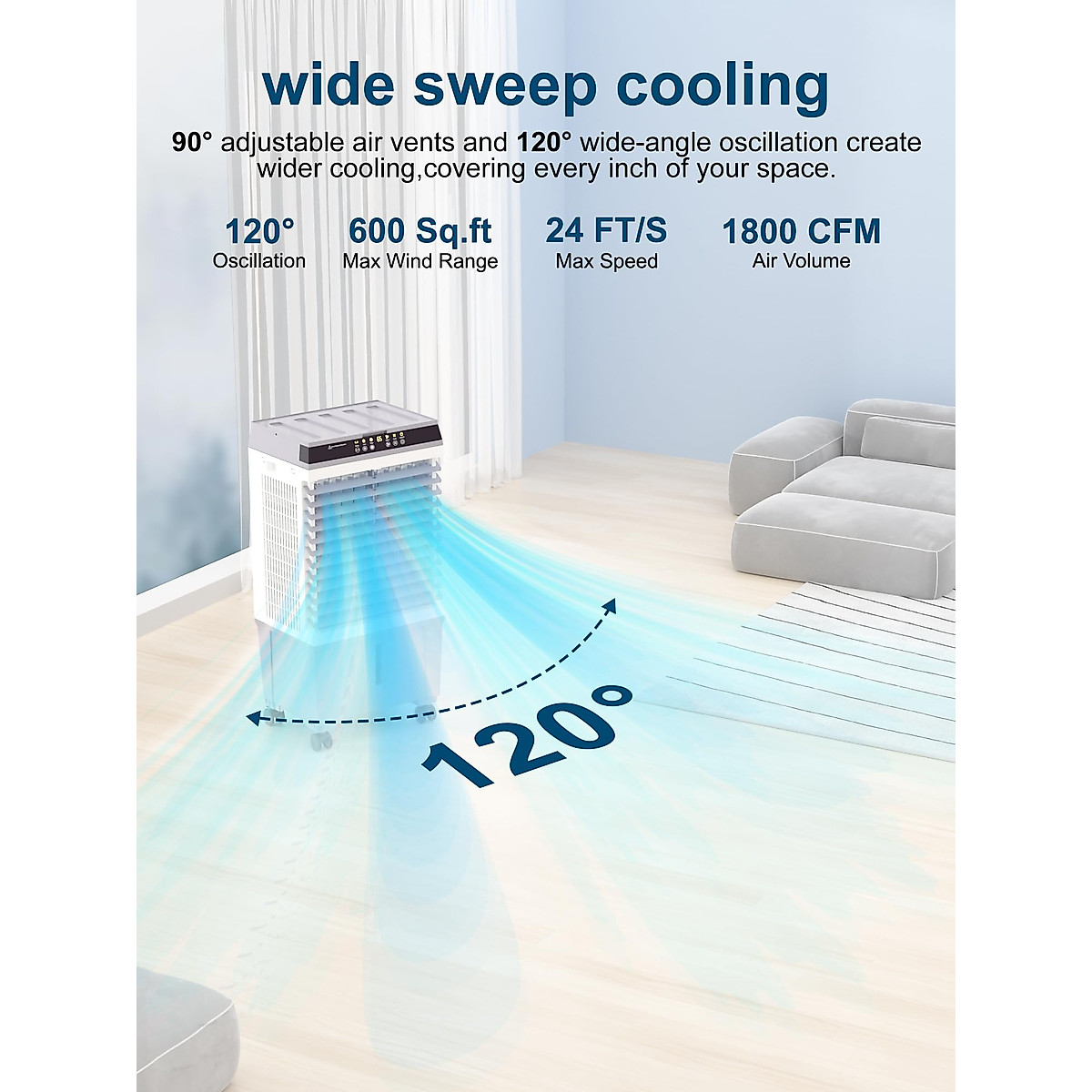 Landeagle Swamp Cooler, 1800CFM Evaporative Cooler with 5.3-Gal Water Tank, Cooling Fan with 3 Speeds, Remote Control, 12H Timer, Evaporative Air Cooler for Indoor Room Bedroom Use