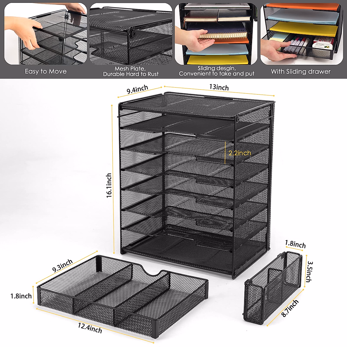 VEESUN Desk Organizer 8-Tier，Paper Organizer Letter Tray With Sliding Drawer And Pen Holder, Desk File Document Organizer Shelf And Sorter, Black For School Home Office