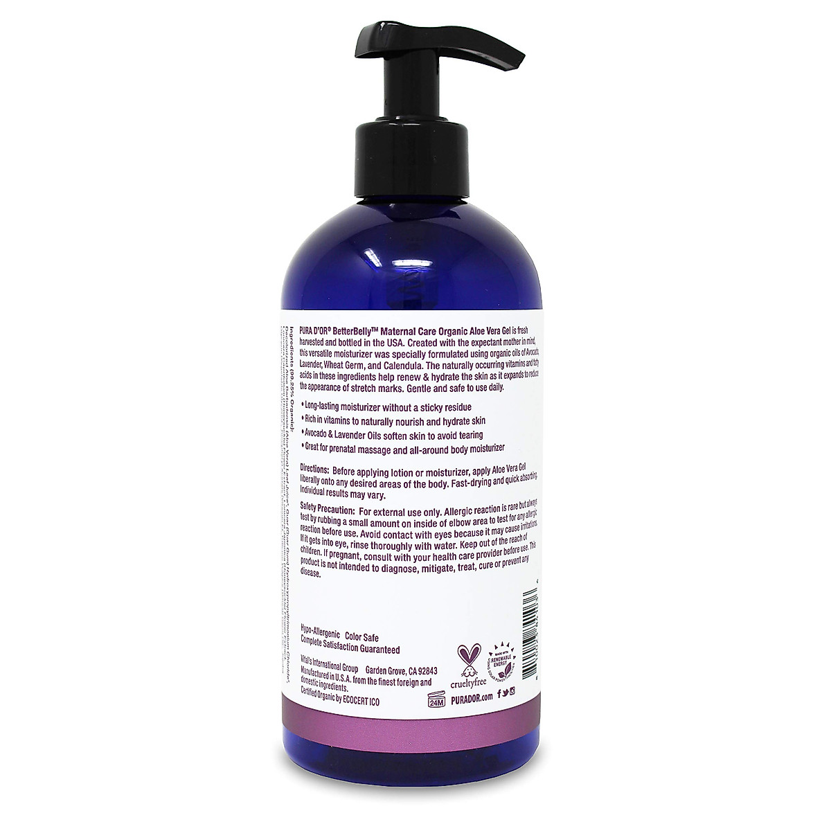 PURA D'OR BetterBelly Advanced Organic Aloe Vera Gel (16 fl oz / 473 mL) For Maternal Care - Hydrating Moisturizer, Reduces Appearance of Scars & Stretch Marks - For Belly, Body, and Legs