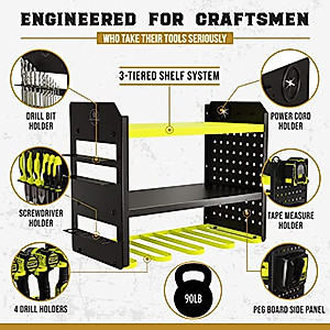 BUILTSTRONG Power Tool Organizer Wall Mount - 3-Tier Heavy-Duty Metal Hand Tool Storage Rack, Utility Racks, Drill Holder, PegBoard Side, & More - Garage Storage Cordless Tool Organizer (Green)