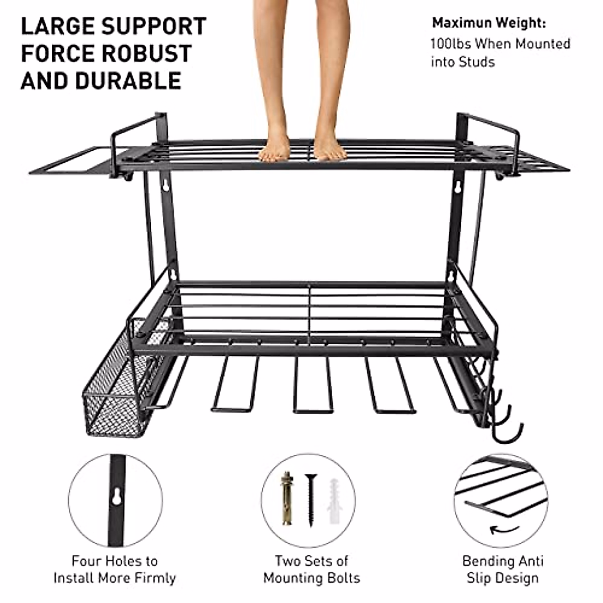 PCBRWA Wall Mounted Power Tool Storage Rack - Heavy Duty Wall Mounted Tool Rack with 3 Layer Metal Tool Organiz and storage with Screwdriver Holder/Plier Holder(Black)