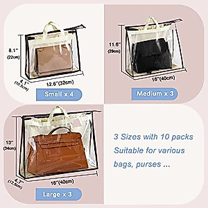 10-Pack Dust Bags for Handbags, Clear Handbag Storage Organizer for Closet, Purse Dust Bags Cover for Storage with Sturdy Bottom,Hanging Closet Organizer with Zipper Handles (10 Pack Beige)