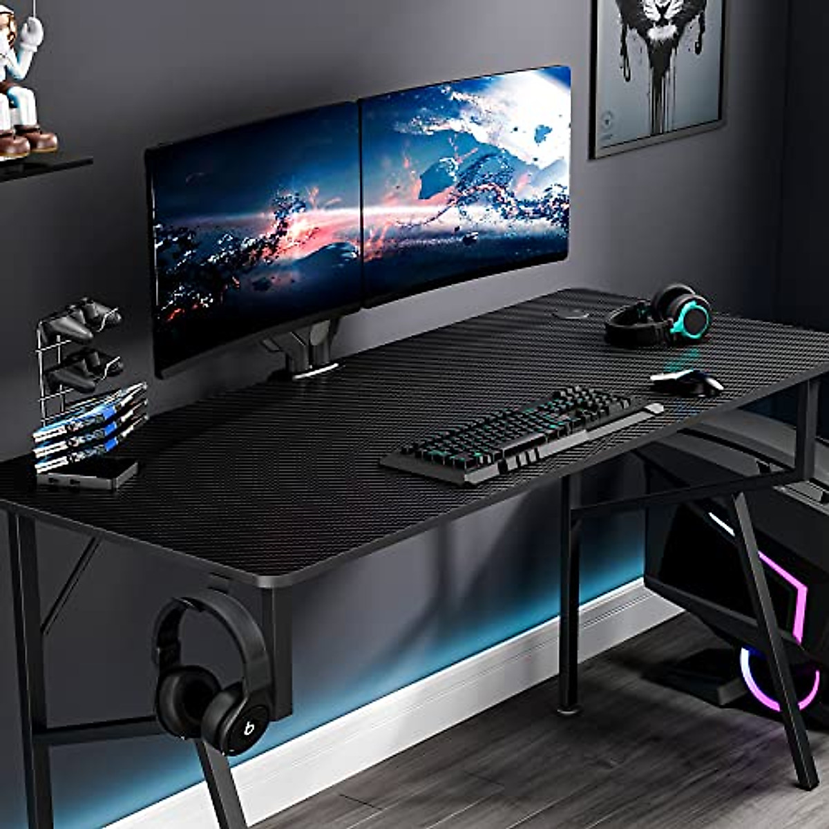 It's_Organized Gaming Desk 55 inch PC Computer Desk, K-Frame Home Office Desk Professional Gamer Workstation with Cup Holder Headphone Hook Gaming Handle Rack Free Mousepad, Black