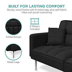 Best Choice Products Convertible Linen Fabric Tufted Split-Back Plush Futon Sofa Furniture for Living Room, Apartment, Bonus Room, Overnight Guests w/ 2 Pillows, Wood Frame, Metal Legs - Black