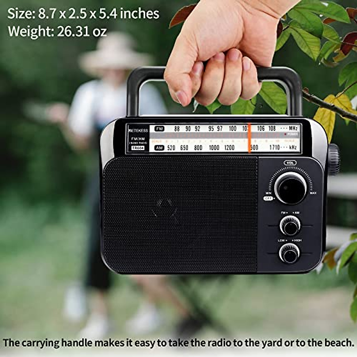 Retekess TR604 AM FM Radio Portable Transistor Analog Radio with 3.5mm Earphone Jack Battery Operated by 3 D Cell Batteries AC Power for Elders (Black)