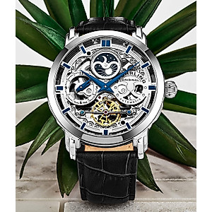 Stuhrling Original Legacy Men's Automatic Watch Stainless Steel 46 MM Case Genuine Leather Strap Watch Black (Silver)