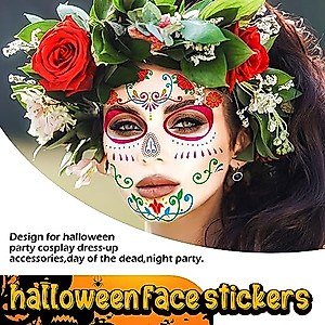Amaxiu Day of the Dead Face Temporary Tattoos, 10 Sheets Halloween Floral Sugar Skull Temporary Face Tattoos Stickers Makeup Kit on Cheek Eye Forehead Nose Mouth for Halloween Masquerade Party