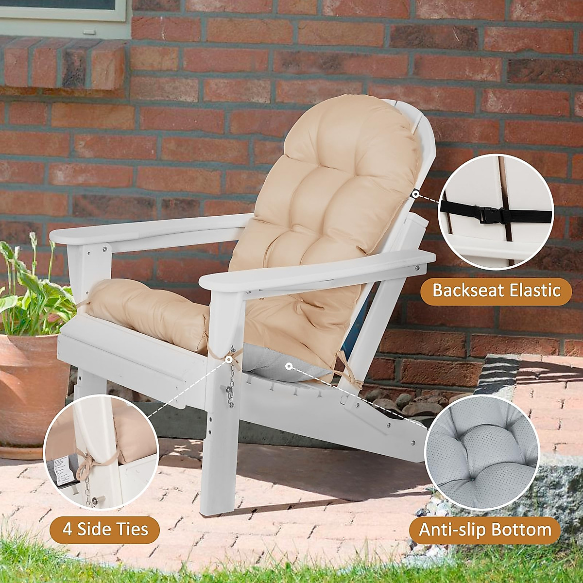 LOENIY Adirondack Chair Cushions Set of 2, Cushions for Adirondack Chairs, Extra Thick Rocking Chair Cushions Outdoor, High Back Patio Chair Cushions with Ties, Waterproof Fade-Resistant (Khaki, 2)