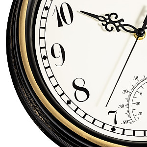 Lumuasky Indoor Outdoor Waterproof Wall Clock with Thermometer, Retro Silent Non-Ticking Battery Operated Round Clock for Garden Patio Yard Home (12 inch, Black Gold)