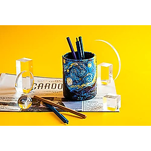 lizimandu PU Leather Pencil Pen Holder,Round Pencil Cup Stationery Desk Organizer Control Storage Box for Home Office Bedroom(1 Pack,1-Starry Sky)