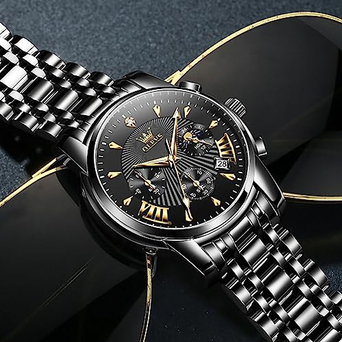 OLEVS Black Watches for Men Chronograph Stainless Steel Mens Watches Big Face Classic Luxury Men's Wrist Watches with Date Waterproof Dress Male Watches, Relojes para Hombres