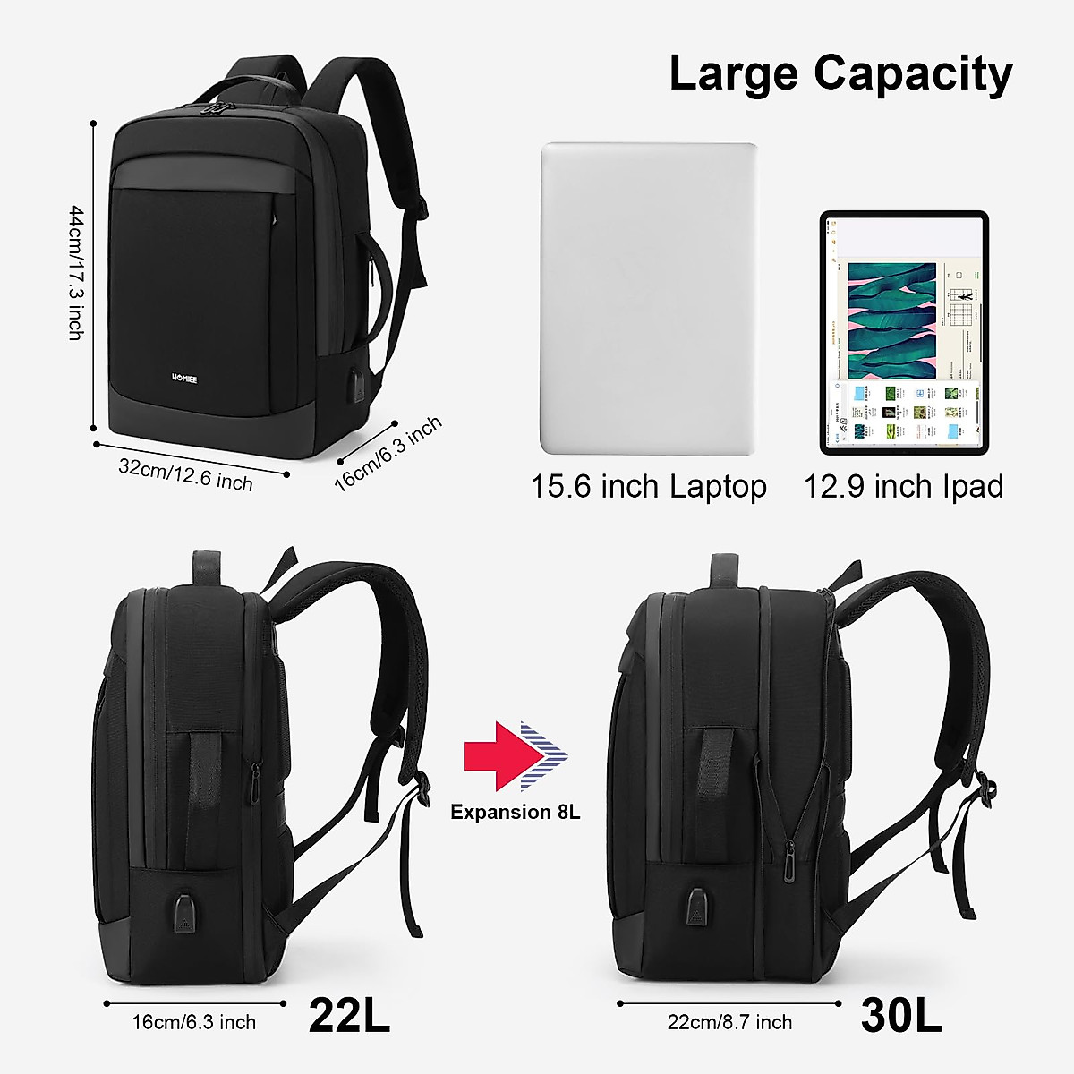 HOMIEE 30L Travel Laptop Backpack for Men Women, 15.6 Inch Expandable Backpack with USB Charging Port, Water Resistant Business Work College Bag, Black