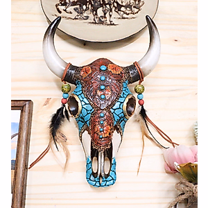 Ebros Gift Southwestern Tribal Indian Dreamcatcher Feathers Turquoise Beads and Faux Tooled Floral Leather Steer Cow Skull Wall Head Decor Hanging Plaque Bison Buffalo Wild Animal Resin Figurine