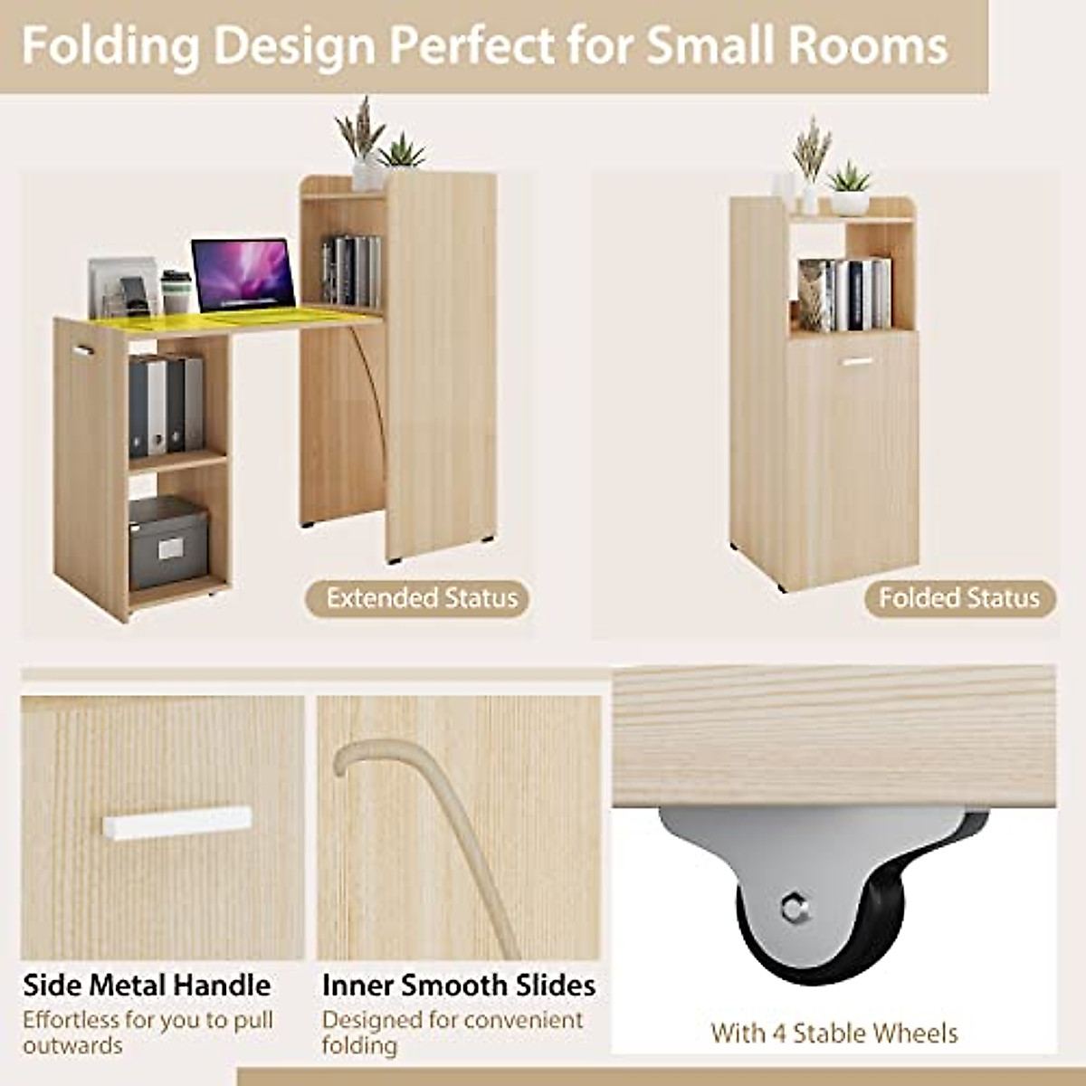 Tangkula Extendable Computer Desk for Small Space, Reversible Home Office Desk with Anti-Tipping Kit, Folding Study Writing Desk, Pull-Out PC Laptop Workstation Desk, Brown/Natural (Natural)
