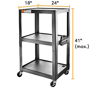 3 Shelf Metal Utility cart - Steel Construction Mobile Presentation Cart Projection Cart with Power Strip - Durable Utility Cart AV Carts on Wheels - Supports Up to 300 LBs (24'' x 18'' x 41'')