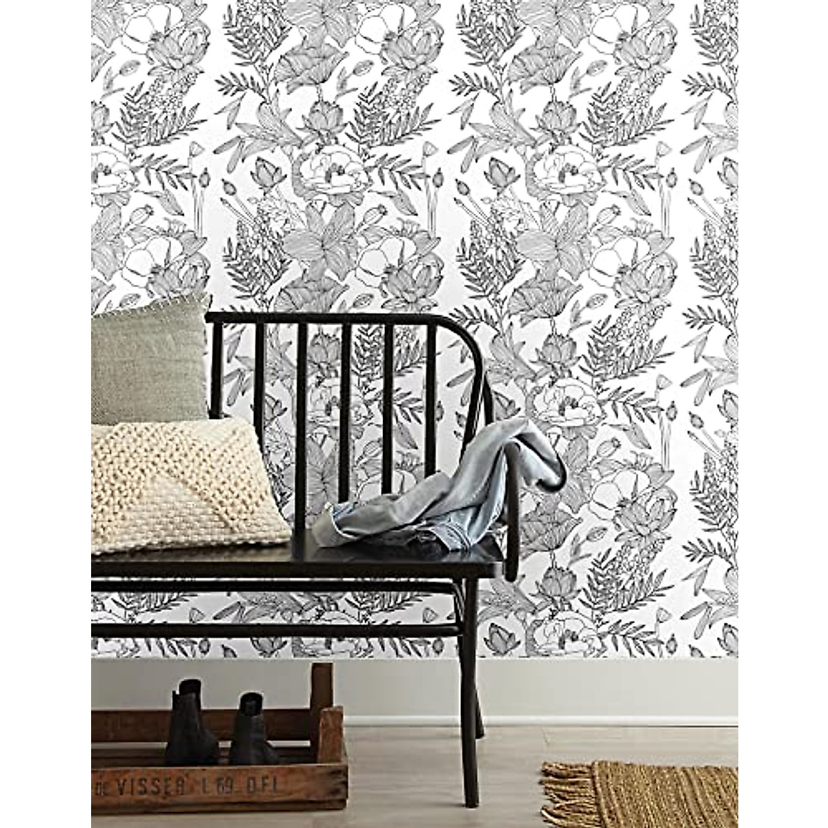 Blooming Wall Black White Elegant Modern Lotus Lily Leaf Peel and Stick Wallpaper Self-Adhesive Prepasted Wallpaper Wall Mural Wall Decor (17.7“x118”, Black/White)