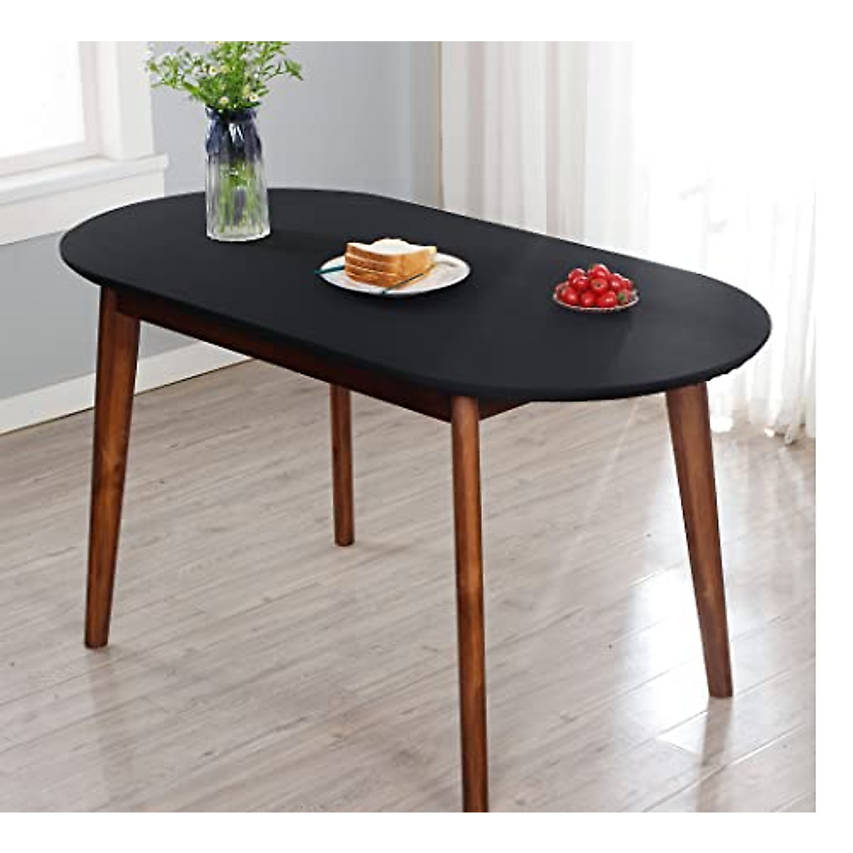 NEWISHER Fitted Tablecloth Oval Elastic Edge Spandex Stretchable Table Top Cover for Dining Picnic Outdoor Camping Patio Black 48 x 68 inch