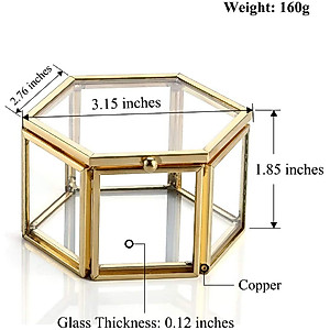 BEAUTY ONE HOME Small Glass Jewelry Box Golden Geometric Decorative Box Ring Earring Display Hexagon Keepsake Box for Wedding Birthday Gift