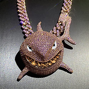 ICEDIAMOND Fancy Pink CZ Diamond Shark Pendant VS 12MM Iced Out Cuban Chain Necklace, 18K Rose Gold Plated L-Size Charm Hip Hop Jewelry for Men Women (Rose,20''Cuban)