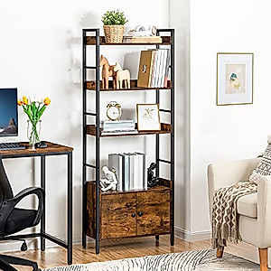 HOOBRO 4-Tier Bookshelf with Doors, Industrial Wooden Bookcase with Storage, Storage Shelf with Protective Rails, for Living Room, Home Office, Rustic Brown and Black BF46SJ01