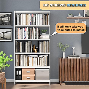 OSEILLC 5-Tier Bookshelf, White Bookshelf with Storage Shelves, Metal Bookshelves, 69" Tall Bookcase for Living Room, Library, Office, Bedroom, Including Book Stopper