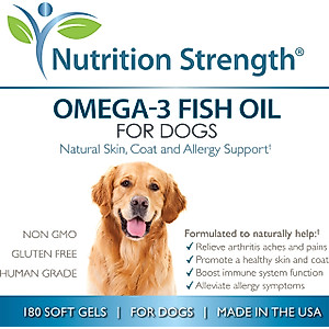 Nutrition Strength Omega 3 Fish Oil Soft Gels for Dogs with EPA & DHA Fatty Acids for Heart, Skin, Coat & Allergy Support, Hip & Joint & Arthritis Dog Supplement, 180 Soft Gels