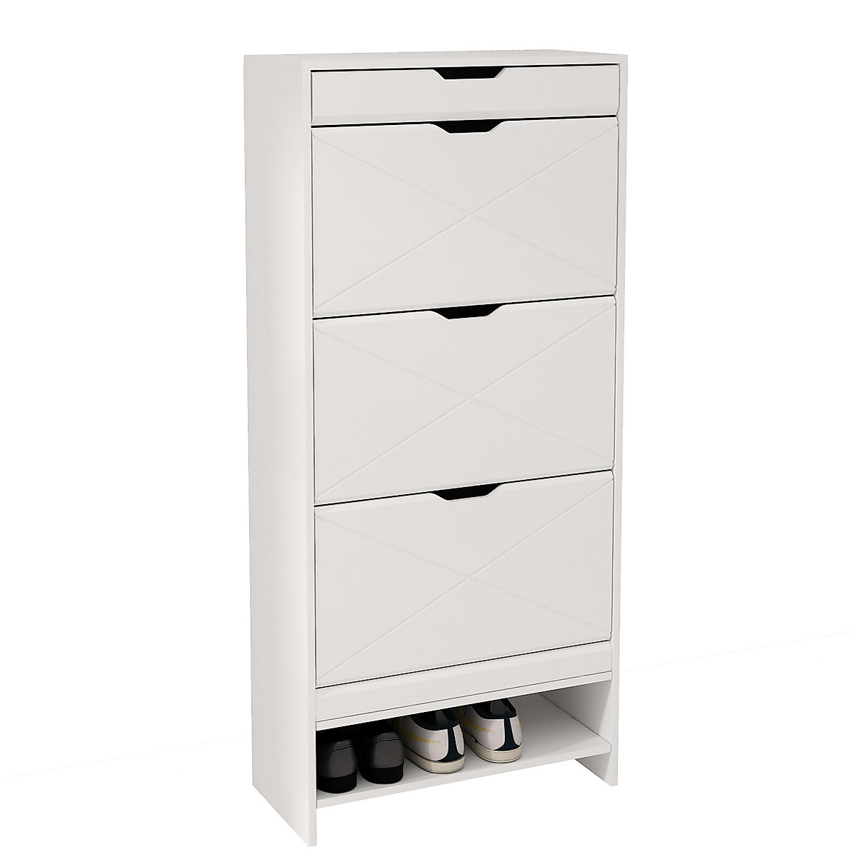 LSKTGA Tipping Bucket Shoe Storage Cabinet, 3-Tier Freestanding Tipping Bucket Shoe Cabinet Shoe Rack with Drawer and Adjustable Shelf, Modern Narrow Storage Organizer for Entryway